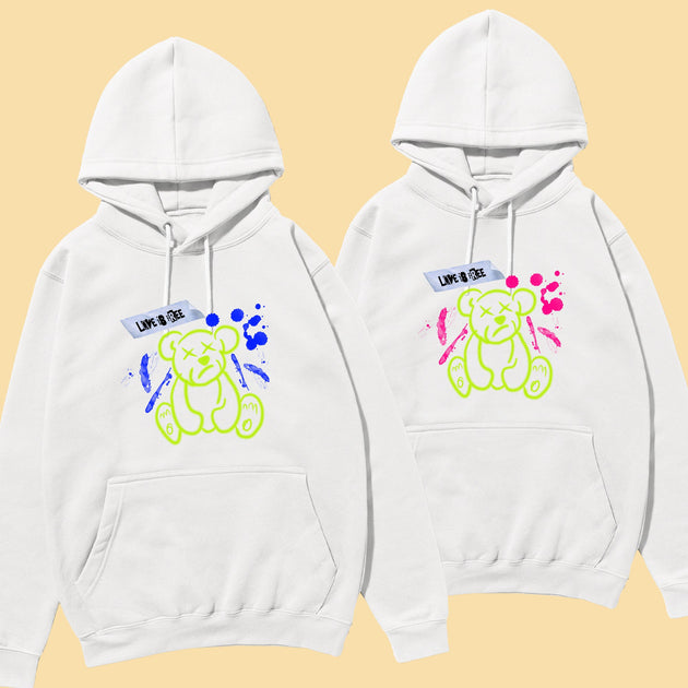 Set 2 Hanorace Cuplu Bear Love Albe – SaintStyle.ro